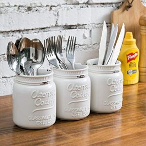 MyGift Farmhouse White Ceramic Mason Jar Utensil Holder with Embossed Design, Decorative Flatware Display Jars, Set of 3