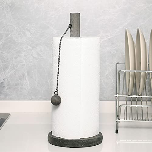 MyGift Vintage Gray Wood Freestanding Paper Towel Holder for Countertop with Wooden Ball Weight