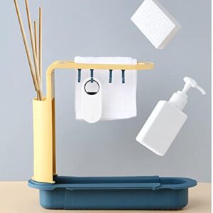 telescopic sink holder, adjustable expandable storage drain basket rack, sink organizer tray sponge soap holder, dish cloth hanger for kitchen (yellow-blue)