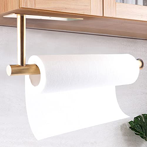 Gold Paper Towel Holder Under Cabinet Adhesive Wall Mounted Kitchen Paper Towel Roll Holder with Screws for Kitchen and Bathroom, SUS304 Stainless Steel