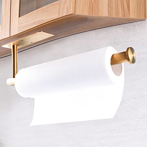 Gold Paper Towel Holder Under Cabinet Adhesive Wall Mounted Kitchen Paper Towel Roll Holder with Screws for Kitchen and Bathroom, SUS304 Stainless Steel