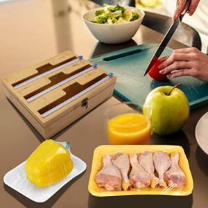 Plastic Wrap Dispenser with Cutter, Aluminum Foil and Plastic Wrap Organizer, Bamboo Wax Paper Holder, Perfect for Kitchen Drawer/Wall Mount, Compatible with 12" Roll (3 Slot)