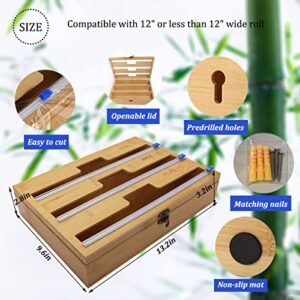 Plastic Wrap Dispenser with Cutter, Aluminum Foil and Plastic Wrap Organizer, Bamboo Wax Paper Holder, Perfect for Kitchen Drawer/Wall Mount, Compatible with 12" Roll (3 Slot)