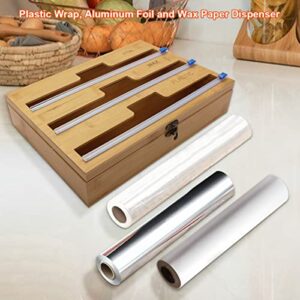 Plastic Wrap Dispenser with Cutter, Aluminum Foil and Plastic Wrap Organizer, Bamboo Wax Paper Holder, Perfect for Kitchen Drawer/Wall Mount, Compatible with 12" Roll (3 Slot)