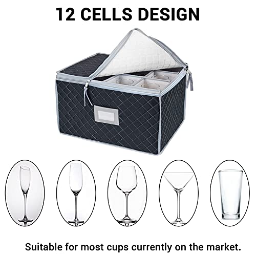 VERONLY 3 Pack Stemware Storage Box China Storage Case - Holds 36 Wine Glasses or Crystal Glassware Containers with Lable Window,Fully-Padded Inside with Hard Sides(15.5" x 12.5"x 10")