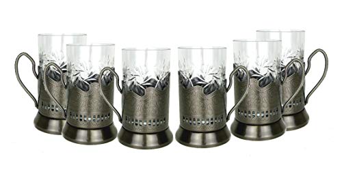 Combination 6 Russian CUT Crystal Drinking Tea Glasses W/metal Glass Holders "Podstakannik" for Hot or Cold Liquids