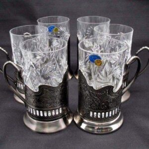 Combination 6 Russian CUT Crystal Drinking Tea Glasses W/metal Glass Holders "Podstakannik" for Hot or Cold Liquids