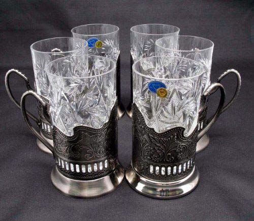 Combination 6 Russian CUT Crystal Drinking Tea Glasses W/metal Glass Holders "Podstakannik" for Hot or Cold Liquids