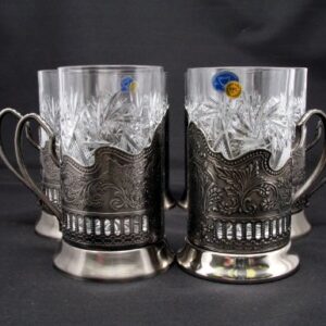 Combination 6 Russian CUT Crystal Drinking Tea Glasses W/metal Glass Holders "Podstakannik" for Hot or Cold Liquids