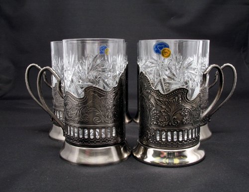 Combination 6 Russian CUT Crystal Drinking Tea Glasses W/metal Glass Holders "Podstakannik" for Hot or Cold Liquids