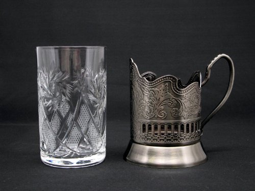 Combination 6 Russian CUT Crystal Drinking Tea Glasses W/metal Glass Holders "Podstakannik" for Hot or Cold Liquids