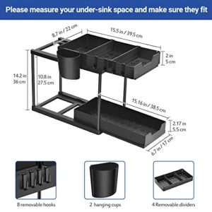 Puricon 2 Pack Under Sink Organizers and Storage 2-Tier Double Sliding Pull-out Drawer Bundle with 2 Pack Food Storage Bins, Stackable Organizer for Pantry Kitchen Fridge Clear Plastic Organizers