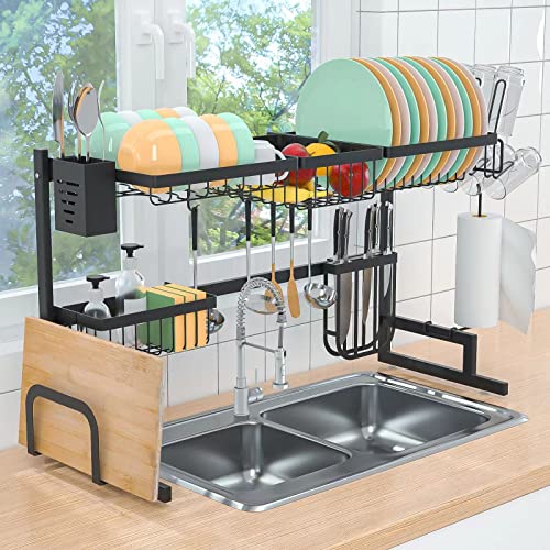 Beacron Over The Sink Dish Drying Rack, Width Adjustable(33.46''-41.33'') 2 Tier Stainless Steel Dish Drying Rack, Large Capacity Dish Rack for Counter Kitchen Storage Organizer and Space Saver