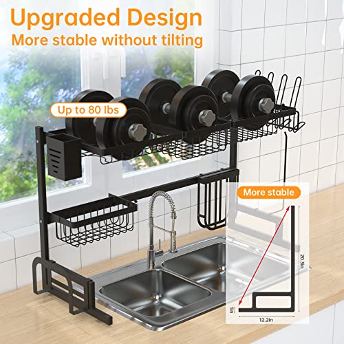 Beacron Over The Sink Dish Drying Rack, Width Adjustable(33.46''-41.33'') 2 Tier Stainless Steel Dish Drying Rack, Large Capacity Dish Rack for Counter Kitchen Storage Organizer and Space Saver