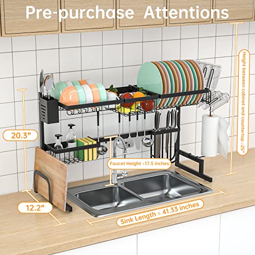 Beacron Over The Sink Dish Drying Rack, Width Adjustable(33.46''-41.33'') 2 Tier Stainless Steel Dish Drying Rack, Large Capacity Dish Rack for Counter Kitchen Storage Organizer and Space Saver