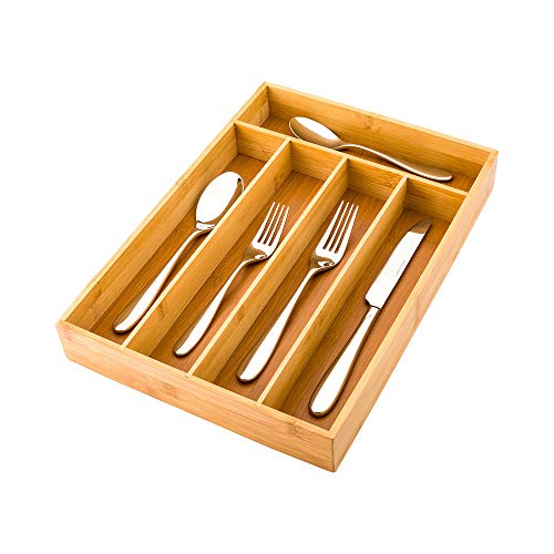 13 x 10 x 1.9 Inch Silverware Tray, 1 Durable Cutlery Tray - 5 Compartments, Shatterproof, Natural Bamboo Utensil Tray, Chip-Resistant, For Knives, Forks, And Spoons - Restaurantware