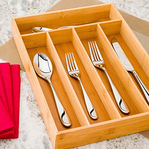 13 x 10 x 1.9 Inch Silverware Tray, 1 Durable Cutlery Tray - 5 Compartments, Shatterproof, Natural Bamboo Utensil Tray, Chip-Resistant, For Knives, Forks, And Spoons - Restaurantware