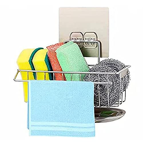 Funnasting Sponge Holder for Kitchen Sink, Sink Caddy Kitchen Sink Organizer for Dish Rags Sponge Brush Soap Dispenser SUS304 Stainless Steel Removable Drain Tray with Adhesive Hooks & No Drilling