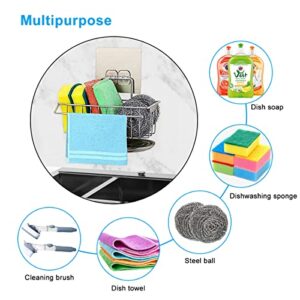 Funnasting Sponge Holder for Kitchen Sink, Sink Caddy Kitchen Sink Organizer for Dish Rags Sponge Brush Soap Dispenser SUS304 Stainless Steel Removable Drain Tray with Adhesive Hooks & No Drilling