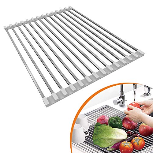 Roll Up Dish Drying Rack, 17 inch Stainless Steel In Sink Dish Drying Rack, Multipurpose Foldable Kitchen Sink Rack Mat for Dishes, Cups, Fruits Vegetables, Multi-Use Drying, Draining