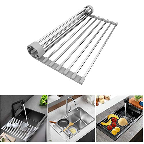 Roll Up Dish Drying Rack, 17 inch Stainless Steel In Sink Dish Drying Rack, Multipurpose Foldable Kitchen Sink Rack Mat for Dishes, Cups, Fruits Vegetables, Multi-Use Drying, Draining