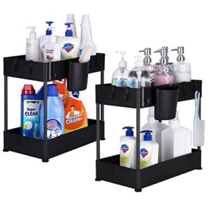 spurtar 2 pack under sink organizers and storage, 2 tier bathroom under cabinet storage multi-purpose under sink storage rack bath collection baskets for kitchen with 2 cups and 12 hooks, black