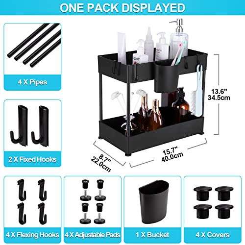 Spurtar 2 Pack Under Sink Organizers and Storage, 2 Tier Bathroom Under Cabinet Storage Multi-purpose Under Sink Storage Rack Bath Collection Baskets for Kitchen with 2 Cups and 12 Hooks, Black