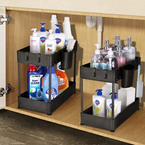 Spurtar 2 Pack Under Sink Organizers and Storage, 2 Tier Bathroom Under Cabinet Storage Multi-purpose Under Sink Storage Rack Bath Collection Baskets for Kitchen with 2 Cups and 12 Hooks, Black