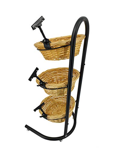 FixtureDisplays 3 Tier Wicker Basket Metal Stand with Sign Clips, Market Basket Storage Organizer 19425