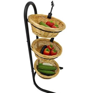 FixtureDisplays 3 Tier Wicker Basket Metal Stand with Sign Clips, Market Basket Storage Organizer 19425