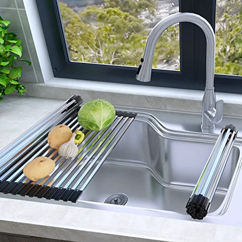 iFealClear Roll Up Dish Drying Rack, Over The Sink Stainless Steel Roll-up Dish Drying Rack for Kitchen Counter, Foldable Dish Drainer for Kitchen Dishes, Cups, Fruits and Vegetables (20.5" *17.5")