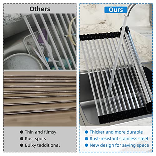 iFealClear Roll Up Dish Drying Rack, Over The Sink Stainless Steel Roll-up Dish Drying Rack for Kitchen Counter, Foldable Dish Drainer for Kitchen Dishes, Cups, Fruits and Vegetables (20.5" *17.5")