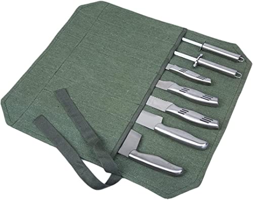 Knife Roll, Chef’s Knife Roll Case, Knife Bag, Portable 7 Slots Knife Cutlery roll Case - Waxed Canvas Knife Holders, Utensils Wrap Bag and Home Kitchen, Best Gift for Pro Chef Roll Bags (Green)