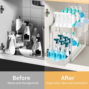 Amythe Bathroom Cabinet Organizer, 2-Tier Under Sink Organizers and Storage, Under Sliding Cabinet Basket Organizer with Hooks, Multi-purpose Under Sink Shelf Organizer for Bathroom Kitchen