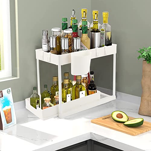 Amythe Bathroom Cabinet Organizer, 2-Tier Under Sink Organizers and Storage, Under Sliding Cabinet Basket Organizer with Hooks, Multi-purpose Under Sink Shelf Organizer for Bathroom Kitchen