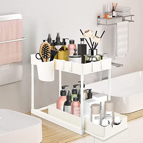 Amythe Bathroom Cabinet Organizer, 2-Tier Under Sink Organizers and Storage, Under Sliding Cabinet Basket Organizer with Hooks, Multi-purpose Under Sink Shelf Organizer for Bathroom Kitchen