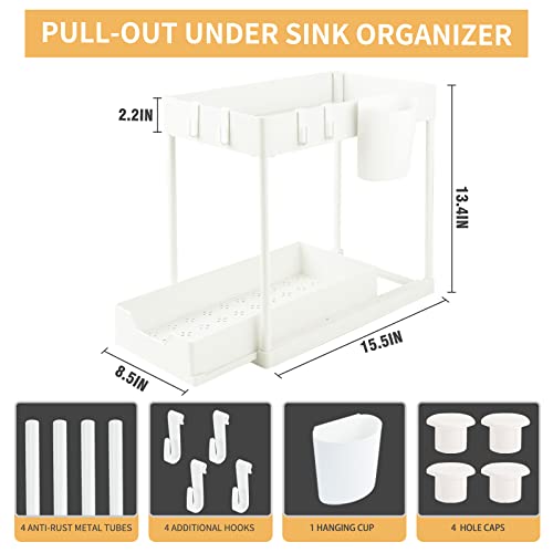 Amythe Bathroom Cabinet Organizer, 2-Tier Under Sink Organizers and Storage, Under Sliding Cabinet Basket Organizer with Hooks, Multi-purpose Under Sink Shelf Organizer for Bathroom Kitchen