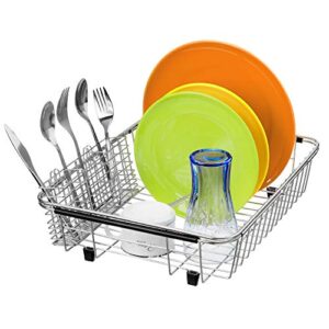 WEGAP Dish Drying Rack Over or in Sink, on Countertop with Wire Utensil Holder, Adjustable Handle Drying Dish Drainer Dish Rack, Storage Organizer for Kitchen,