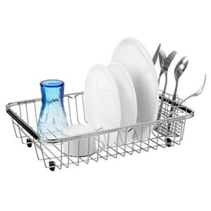 WEGAP Dish Drying Rack Over or in Sink, on Countertop with Wire Utensil Holder, Adjustable Handle Drying Dish Drainer Dish Rack, Storage Organizer for Kitchen,