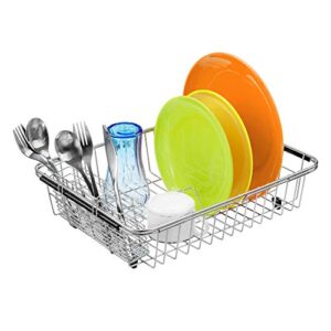 WEGAP Dish Drying Rack Over or in Sink, on Countertop with Wire Utensil Holder, Adjustable Handle Drying Dish Drainer Dish Rack, Storage Organizer for Kitchen,