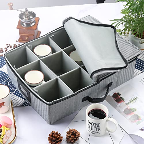 China Dinnerware Storage Organizer Set with Cup and Mug Storage, Stackable Coffee Cup Storage Organizer for a Set of 12, Hard Shell and Stackable Fully-Padded Inside with Sturdy Construction