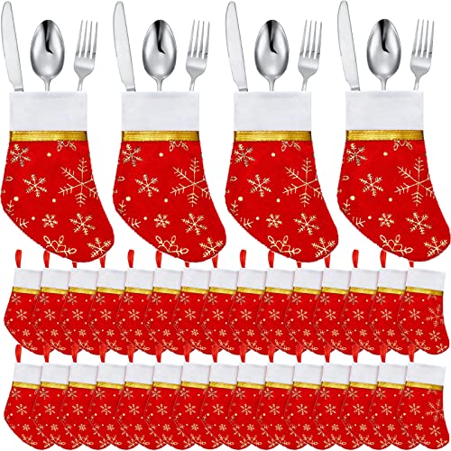 30 Pcs Christmas Dinner Table Decorations Snowflake Stocking Silverware Holder Mini Xmas Socks Plaid Tableware Holder Christmas Spoon Knife Fork Bag for Xmas Dinnerware Decorations (Embroidery Style)