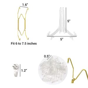 Daily Treasures 10Pcs Plate Hangers, 6 Inch Wall Plate Hangers with 40Pcs Tip Protectors, 10Pcs Wall Hooks & 4Pcs Plastic Easel Stands-Invisible Wire Plate Hanger Holders for Decorative Plates and Art