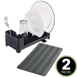 mDesign Compact Kitchen Countertop, Sink Dish Drying Rack with Swivel Spout and Silicone Drying Mat - Drain/Dry Wine Glasses, Bowls and Dishes - Set of 2, Black/Charcoal Gray Drainer and Heat-Safe Mat