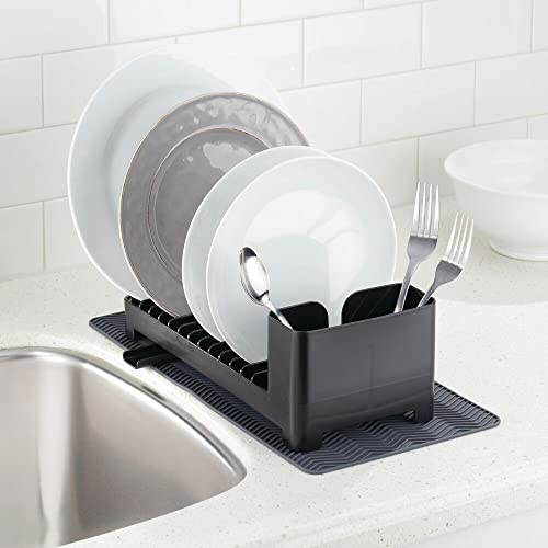 mDesign Compact Kitchen Countertop, Sink Dish Drying Rack with Swivel Spout and Silicone Drying Mat - Drain/Dry Wine Glasses, Bowls and Dishes - Set of 2, Black/Charcoal Gray Drainer and Heat-Safe Mat