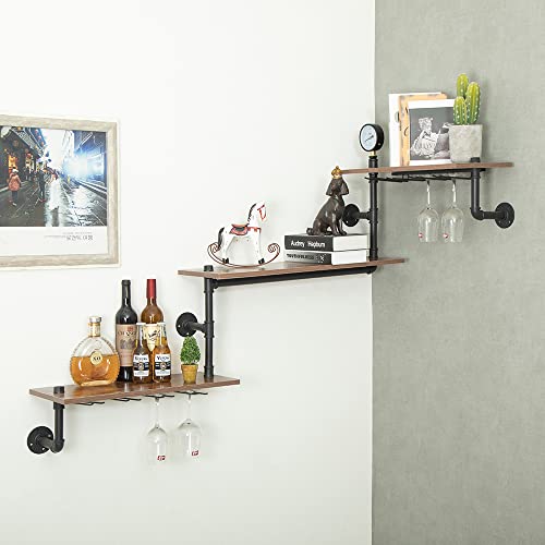 MAIKAILUN Wine Rack Wall Mounted Corner 3 Tier, Hanging Floating Small Mini Bar Liquor Shelves with Glass Holder Storage Under, Industrial Rustic Pipe Farmhouse Kitchen Decor Black