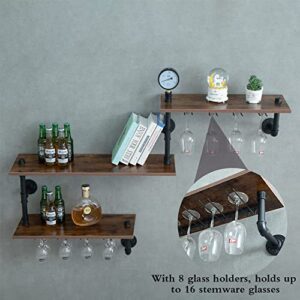 MAIKAILUN Wine Rack Wall Mounted Corner 3 Tier, Hanging Floating Small Mini Bar Liquor Shelves with Glass Holder Storage Under, Industrial Rustic Pipe Farmhouse Kitchen Decor Black