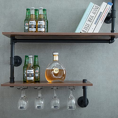 MAIKAILUN Wine Rack Wall Mounted Corner 3 Tier, Hanging Floating Small Mini Bar Liquor Shelves with Glass Holder Storage Under, Industrial Rustic Pipe Farmhouse Kitchen Decor Black