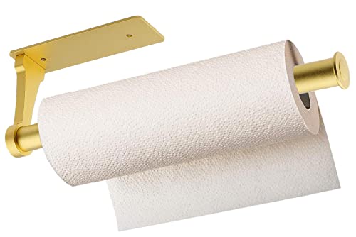 Paper Towel Holder Wall Mount，Aluminum Alloy Paper Towel Holder Sturdy and Durable ,Paper Towel Holder Under Cabinet ,Vertically or Horizontally Mount Both Available in Adhesive and Screws（Gold）