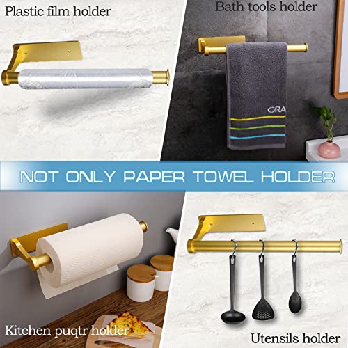 Paper Towel Holder Wall Mount，Aluminum Alloy Paper Towel Holder Sturdy and Durable ,Paper Towel Holder Under Cabinet ,Vertically or Horizontally Mount Both Available in Adhesive and Screws（Gold）